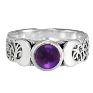 sterling silver triple crescent moon ring with natural amethyst (sz 4-15) sz 6