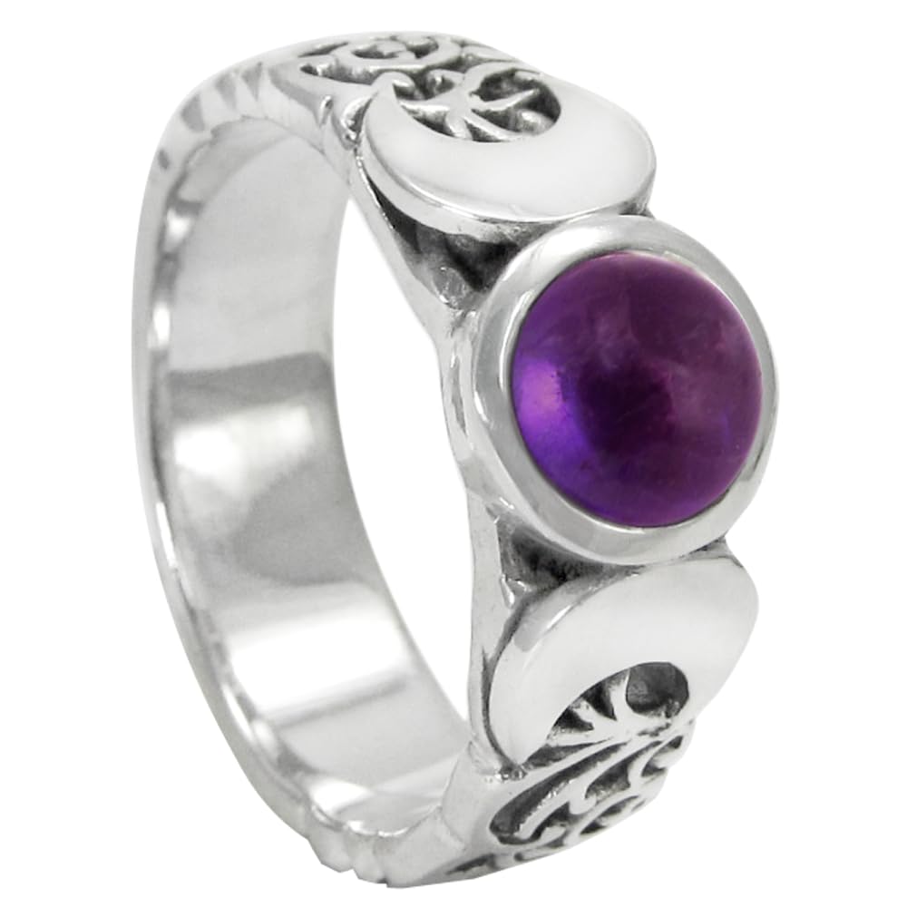 Sterling Silver Triple Crescent Moon Ring with Natural Amethyst (sz 4-15) sz 6