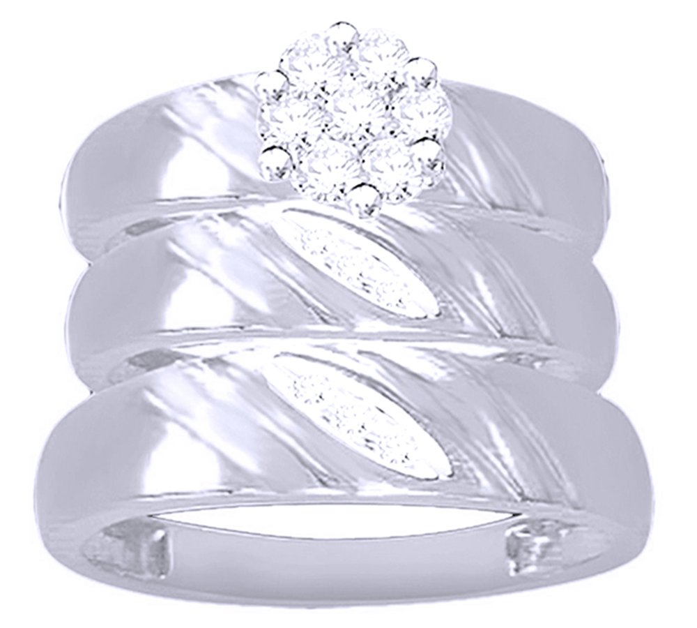 Jewel Zone US White Natural Diamond Engagement and Wedding Trio Band Ring Set in 10k Solid White Gold (0.25 Carat)