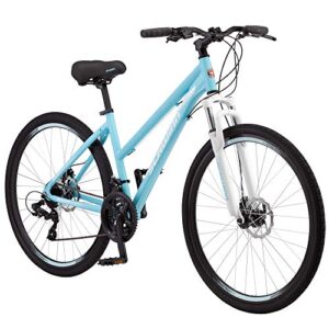 schwinn gtx 2.0 comfort adult hybrid bike for men and women, dual sport bicycle, 700c wheels, 17-inch step-through aluminum frame, 21-speed twist shifters, mechanical disc brake, light blue