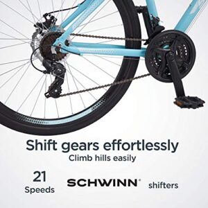 Schwinn GTX 2.0 Comfort Adult Hybrid Bike for Men and Women, Dual Sport Bicycle, 700c Wheels, 17-Inch Step-Through Aluminum Frame, 21-Speed Twist Shifters, Mechanical Disc Brake, Light Blue