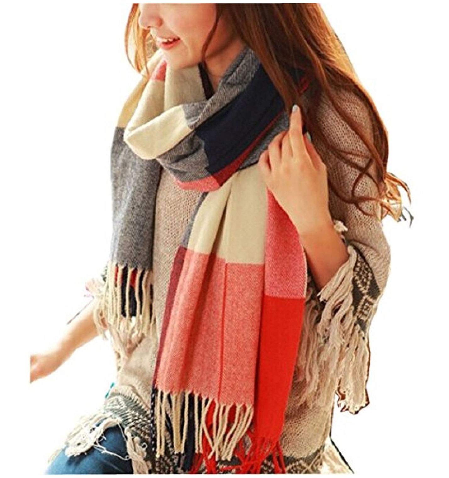 Loritta Womens Scarf Fashion Long Plaid Shawls Wraps Big Grid Winter Warm Lattice Large Scarves Gifts,Red Navy Lattice