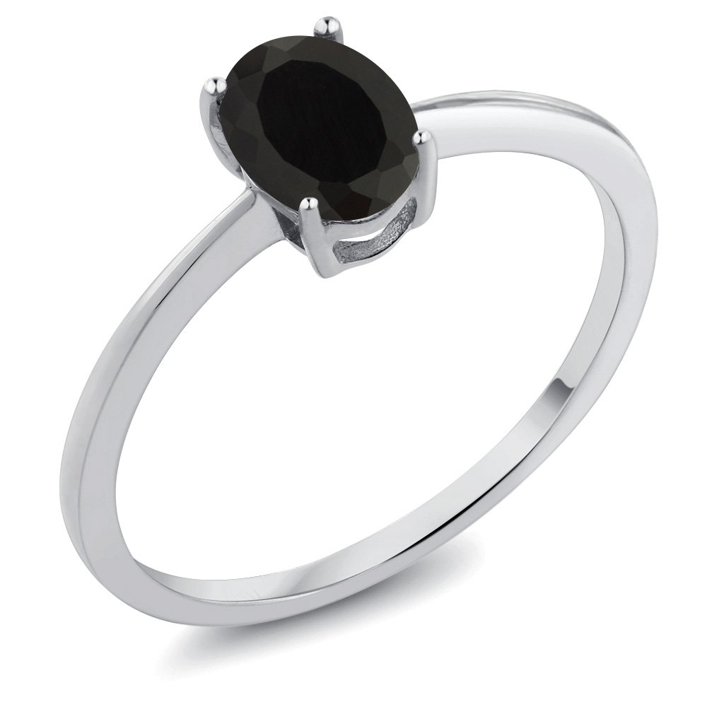 Gem Stone King 10K White Gold Black Onyx Solitaire Engagement Ring For Women (0.80 Cttw, Oval 7X5MM, Gemstone December Birthstone, Size 8)