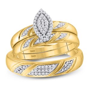 jewels by lux 10k yellow gold diamond his & hers matching trio wedding engagement bridal ring set 1/4 cttw ring size 10.5