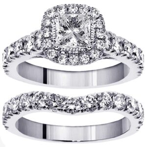 vip jewelry art 3.00 ct tw halo princess cut diamond encrusted engagement bridal set in 14k white gold - size 7.5