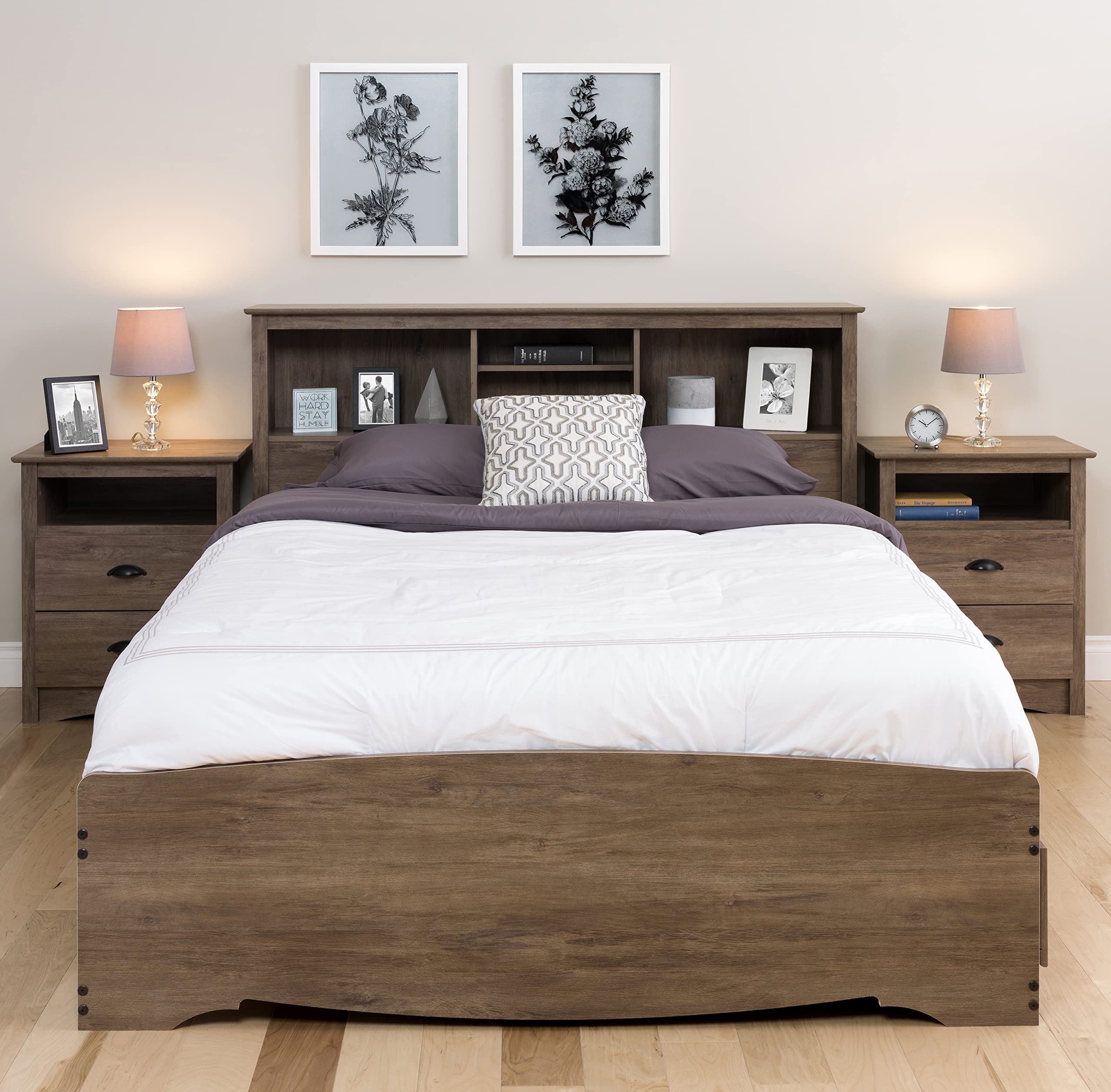 Prepac Salt Spring Rustic Full/Queen Headboard with Bookcase, Farmhouse Bookcase Headboard for Full/Queen Beds 11" D x 65.75" W x 43" H, Drifted Gray, DSH-6643-V