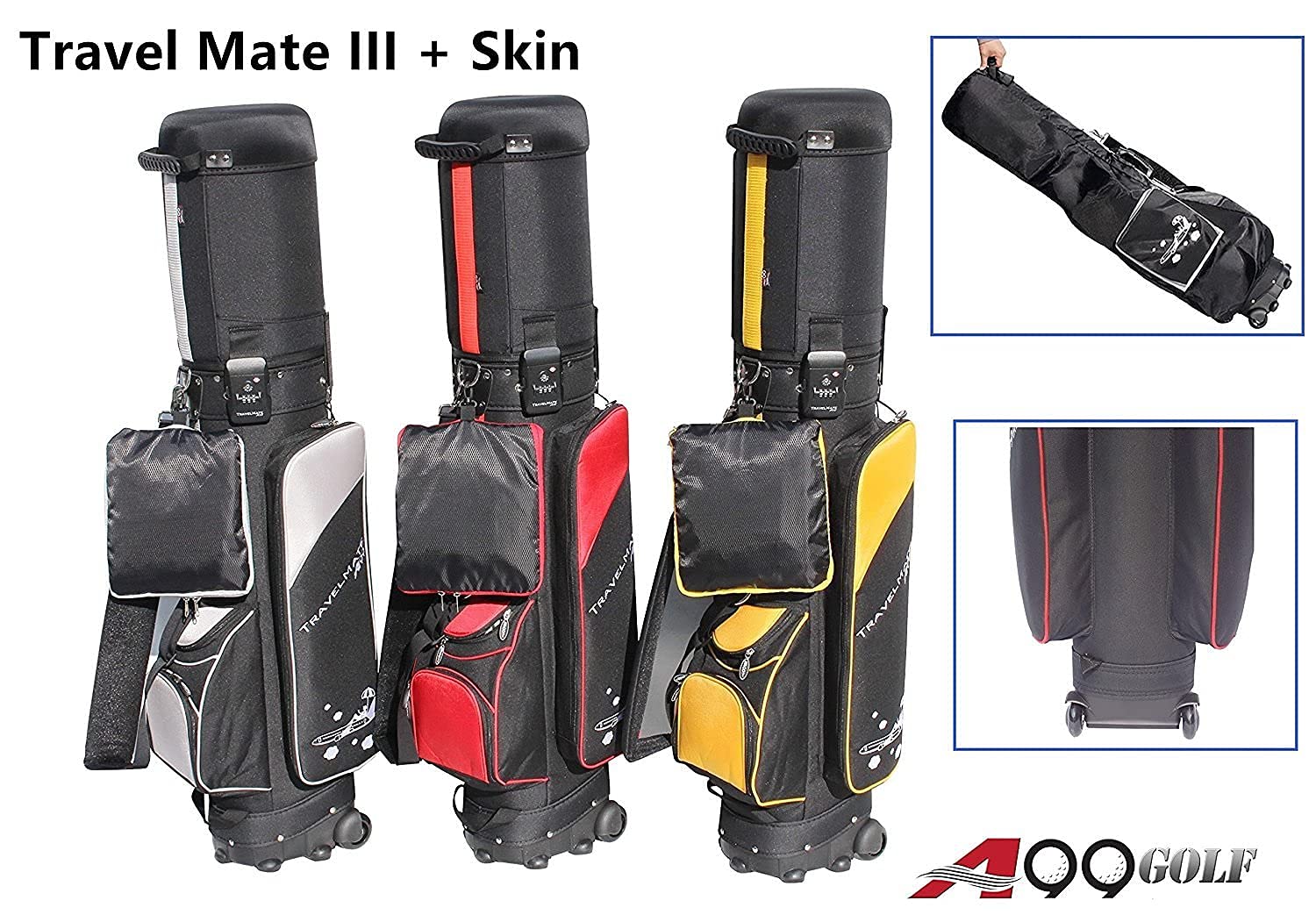 A99Golf Travel Mate with Skin Cover Wheeled W. TSA Lock Air Porter Golf Travel Bag cart Bag Travel Cover Golf Bag (Blk/Gold)