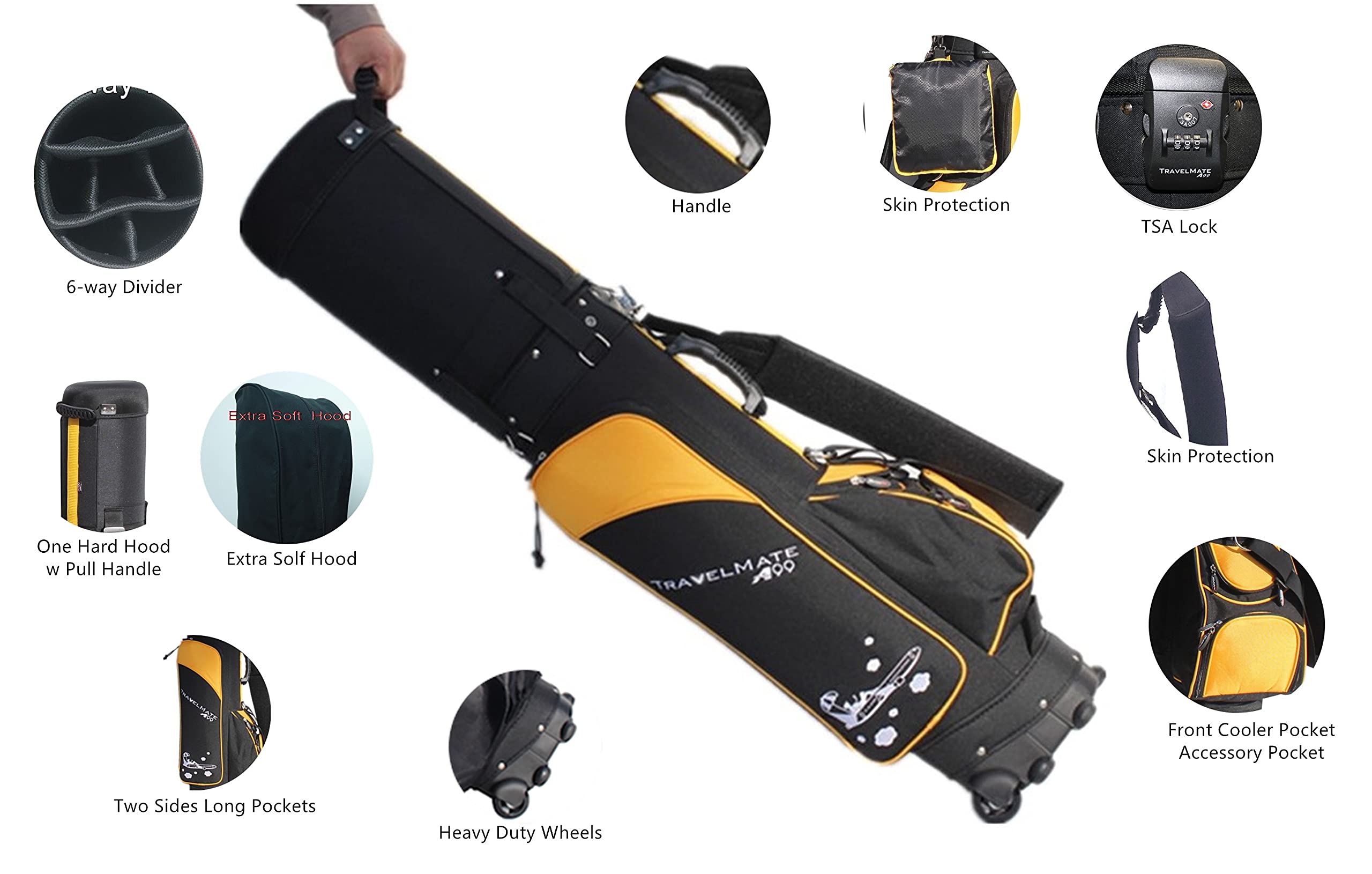 A99Golf Travel Mate with Skin Cover Wheeled W. TSA Lock Air Porter Golf Travel Bag cart Bag Travel Cover Golf Bag (Blk/Gold)