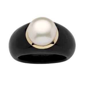 palmbeach 10k yellow gold round genuine cultured freshwater pearl set in genuine black or green jade ring (11 mm) size 6