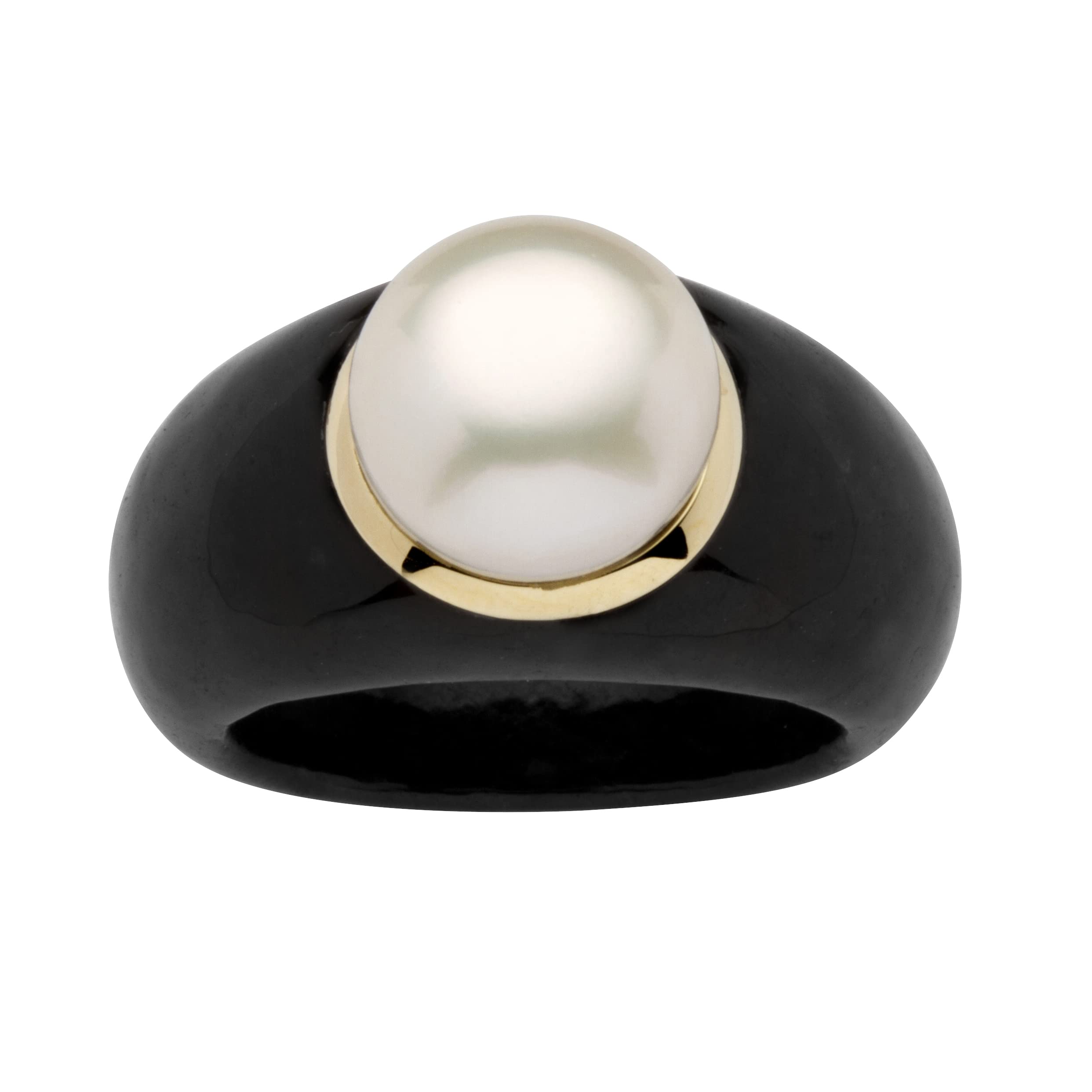 PalmBeach 10K Yellow Gold Round Genuine Cultured Freshwater Pearl set in Genuine Black or Green Jade Ring (11 mm) Size 6