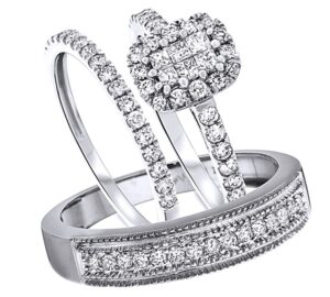 jewel zone us white natural diamond engagement & wedding trio band ring set in 10k solid gold (1.2 cttw)