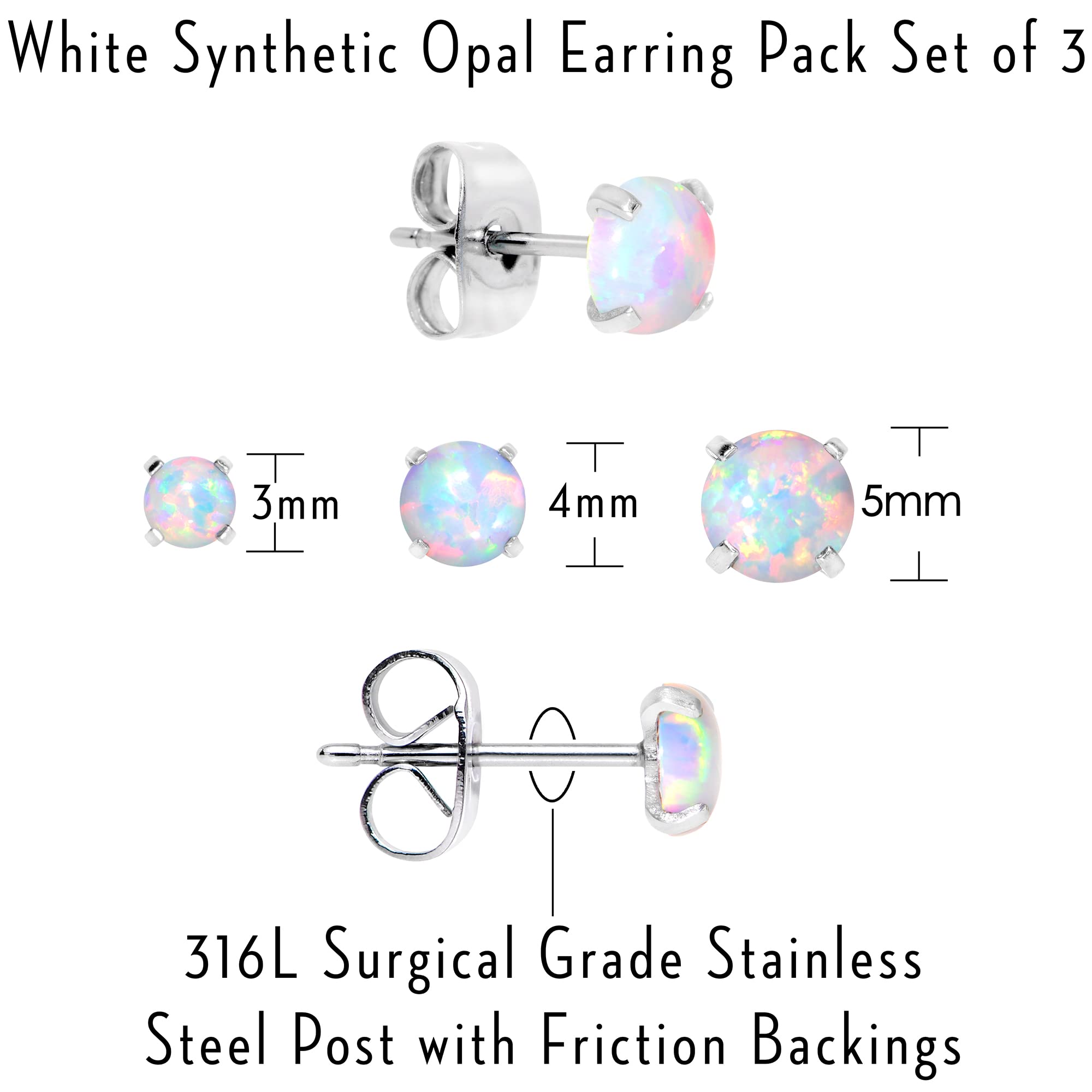 Body Candy Stainless Steel White Synthetic Opal Post Stud Earring Pack of 3