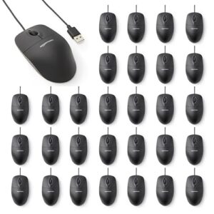 amazon basics 3-button wired usb computer mouse, black - pack of 30