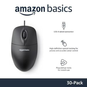 Amazon Basics 3-Button Wired USB Computer Mouse, Black - Pack of 30