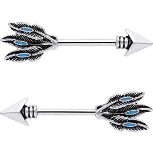 body candy steel blue fly away feathered arrow barbell nipple ring set of 2 14 gauge 9/16"