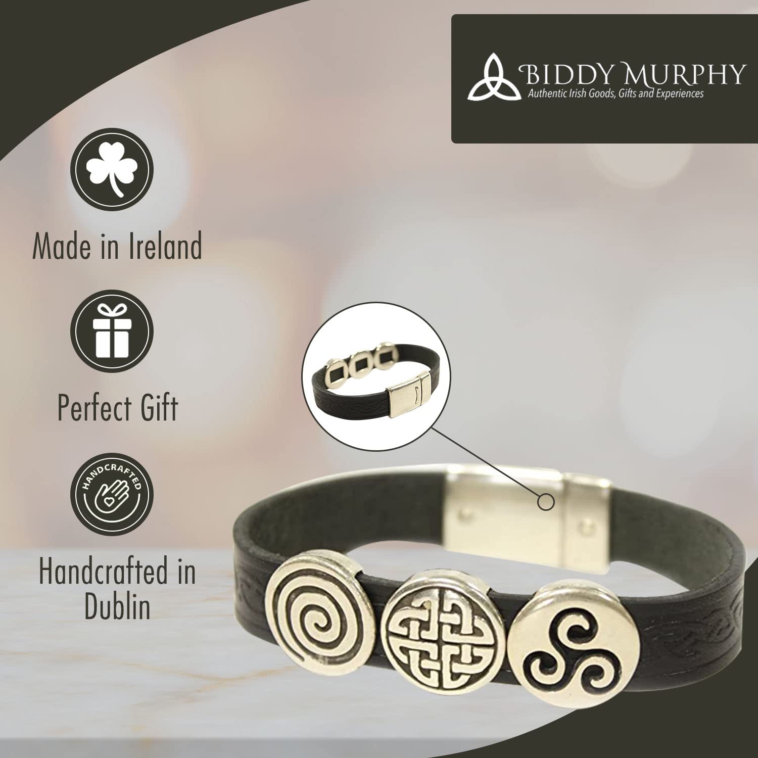 Biddy Murphy Celtic Leather Bracelet Irish Charms Black 7 1/2 Inches Made in Ireland