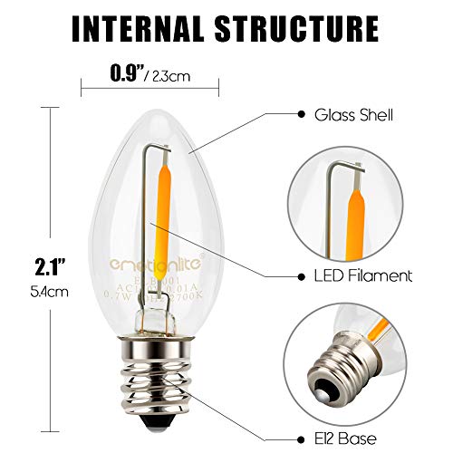 Emotionlite Night Light Bulbs, C7 Candelabra LED Light Bulbs, E12 Chandelier Base, 4W 5W 6W 7W Incandescent Equivalent, Warm White, 2700K, Clear, 4 Pack