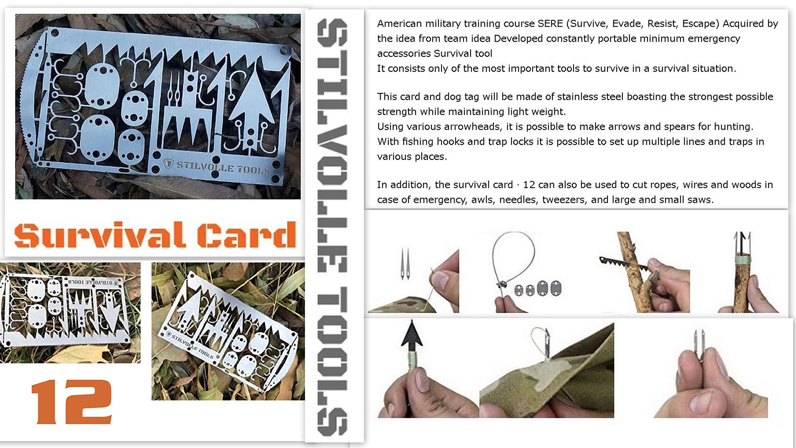 Stilvolle Tools Survival Card Tool Hook Size That Contains The 12 Features to Help Survival Card 12 Survival time to Card Size, Hook Small, Arrowhead A, Arrowhead B, (Silver)