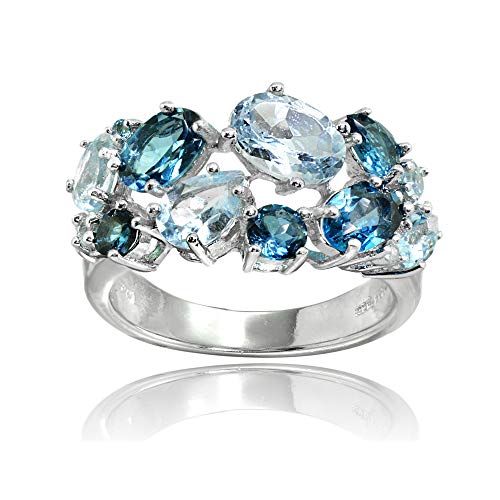 Ice Gems Sterling Silver Genuine London Blue Topaz and Blue Topaz Tonal Cluster Ring