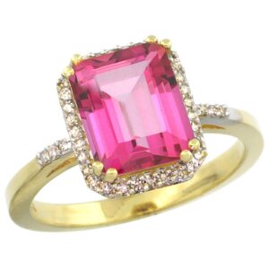 10k yellow gold diamond natural pink topaz ring emerald-cut 9x7mm, size 6