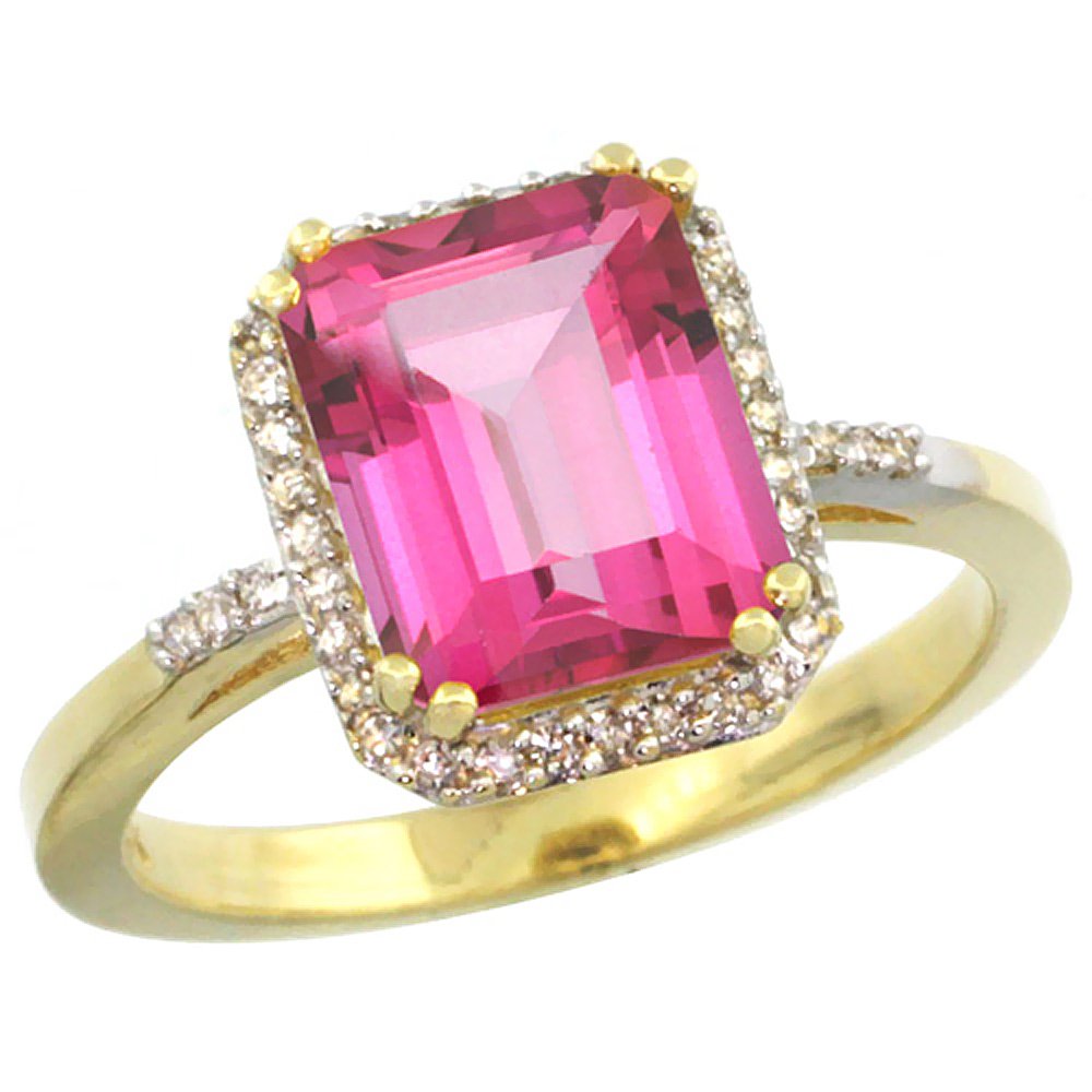 10K Yellow Gold Diamond Natural Pink Topaz Ring Emerald-cut 9x7mm, size 6