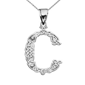 14k "c" initial in celtic knot pattern white gold diamond pendant necklace, 16"