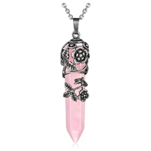 top plaza antique silver flower wrapped natural rose quartz healing crystal necklace mothers day mom gifts