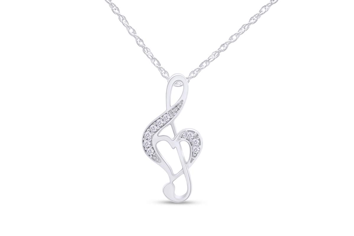 Jewel Zone US White Natural Diamond Music Note Heart Pendant Necklace in 14k White Gold Over Sterling Silver (0.1 Ct)