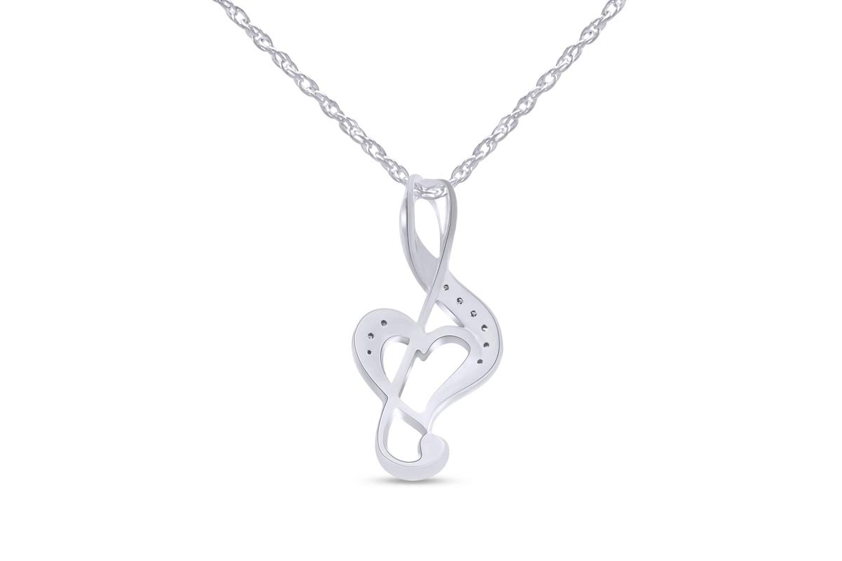 Jewel Zone US White Natural Diamond Music Note Heart Pendant Necklace in 14k White Gold Over Sterling Silver (0.1 Ct)