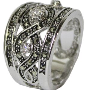 RS Covenant Women's Rhodium Plated Dress Ring Marcasite and CZ Band 50 (9)