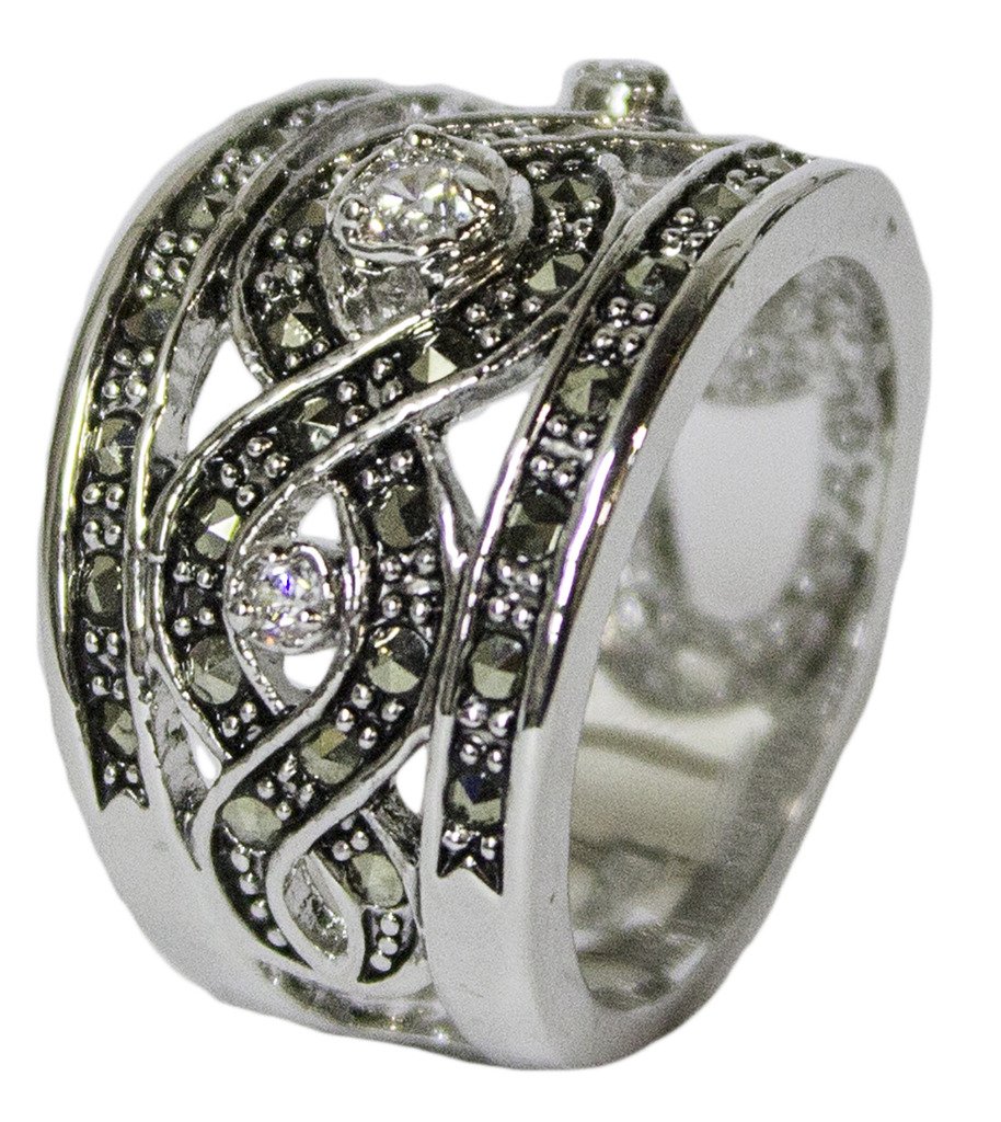 RS Covenant Women's Rhodium Plated Dress Ring Marcasite and CZ Band 50 (9)