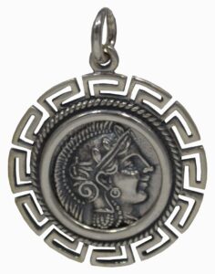 goddess athena coin pendant with meander design item- owl of wisdom