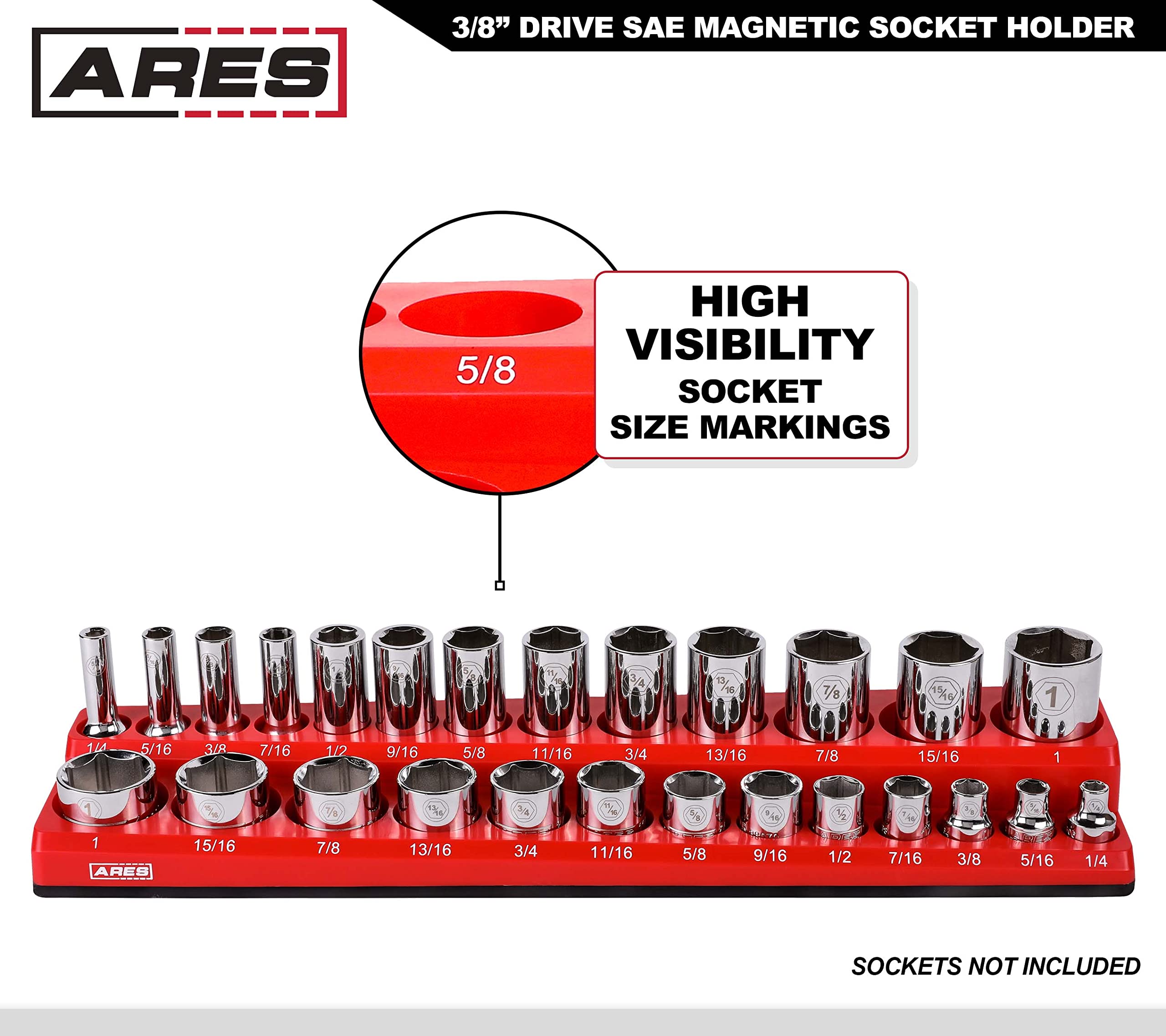 ARES 70234-26-Piece 3/8-Inch SAE Magnetic Socket Organizer - Holds 13 Standard Size and 13 Deep Size Sockets - Keep Your Tool Box Organized