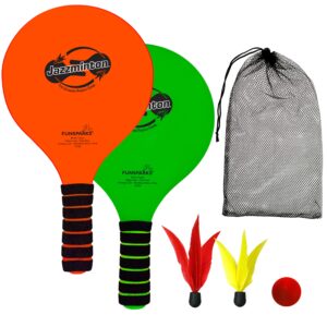 jazzminton lite – indoor & outdoor game for family and friends – 2 paddles, 2 birdies, 1 ball - all season paddle game for kids and adults – take your kids outside for some active fun