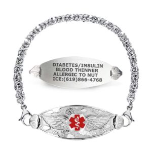 divoti custom engraved medical alert bracelets for women, stainless steel medical bracelet, medical id bracelet w/free engraving – angel wing tag w/handmade byzantine-red-8.0"