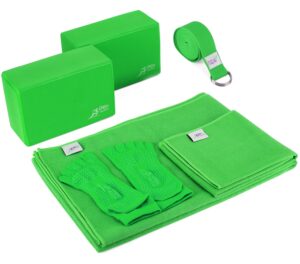 go go active yoga accessories set - includes 2 yoga blocks, 1 microfiber non slip mat towel 72x24, 1 microfiber hand towel 24x15, 1 yoga strap, 1 pair of yoga socks (green)