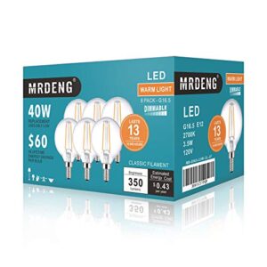 mrdeng candelabra led light bulbs g16.5 for chandelier,ceiling fan,e12 led bulb dimmable 40 watt equivalent,350lumens,120 volts,2700k warm white,6 pack