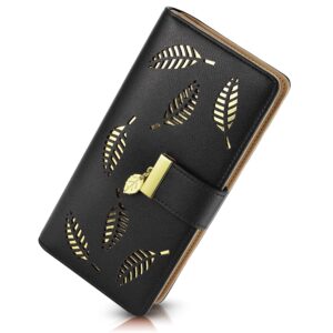 pgxt women's wallet women credit card holder hollow leaf pattern bifold leather lady long wallet purse zip birthday xmas gifts for women girls(black)