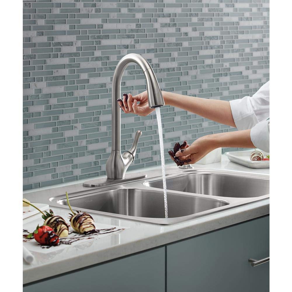 KOHLER K-R78035-SD-VS Barossa Touchless Pull-Down Kitchen Sink Faucet with Soap Dispenser, Kitchen Faucet with Pull Down Sprayer, Vibrant Stainless