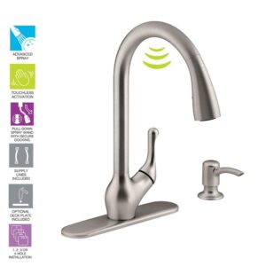 KOHLER K-R78035-SD-VS Barossa Touchless Pull-Down Kitchen Sink Faucet with Soap Dispenser, Kitchen Faucet with Pull Down Sprayer, Vibrant Stainless