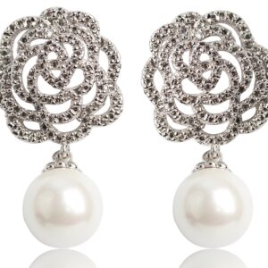 Fashion Designer Rhinestone Camellia Flower Statement Dangle Imitation Pearl Earrings for Women