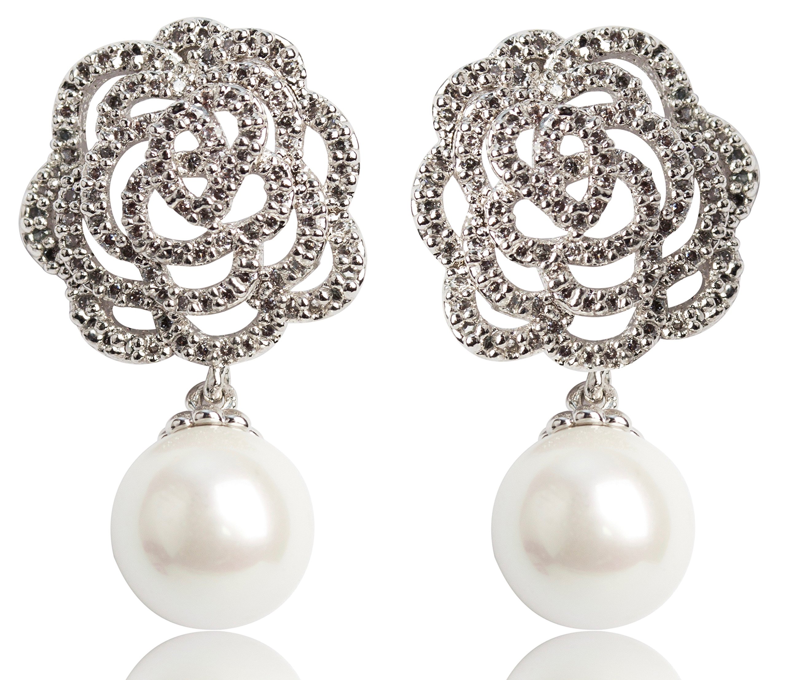 Fashion Designer Rhinestone Camellia Flower Statement Dangle Imitation Pearl Earrings for Women