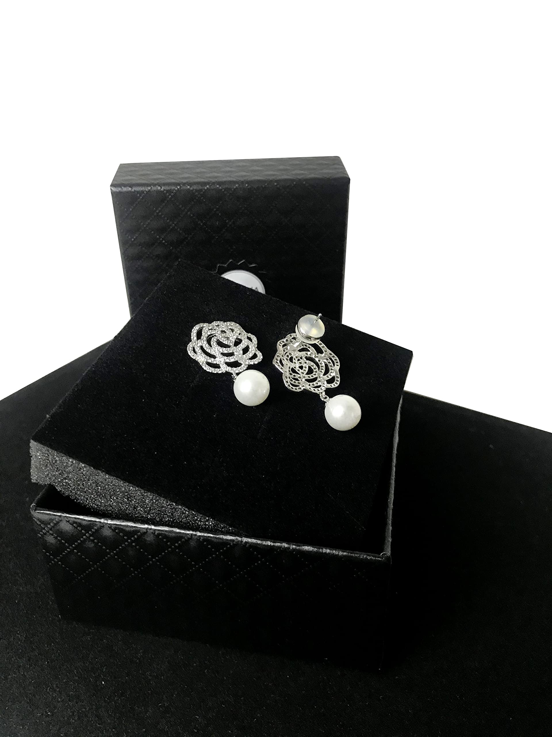 Fashion Designer Rhinestone Camellia Flower Statement Dangle Imitation Pearl Earrings for Women