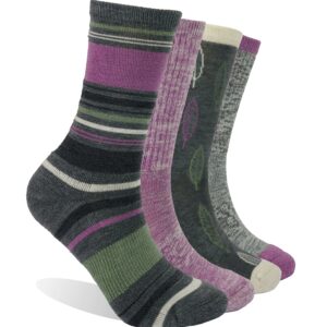 EnerWear 4 Pack Women's Merino Wool Outdoor Hiking Trail Crew Sock (US Shoe Size 4-10,Violet/Gray/Multi)