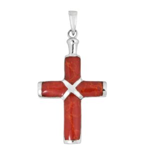 aeravida christian cross reconstructed red coral inlay .925 sterling silver pendant