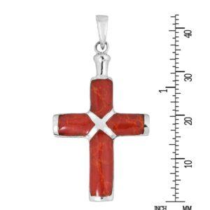 AeraVida Christian Cross Reconstructed Red Coral Inlay .925 Sterling Silver Pendant