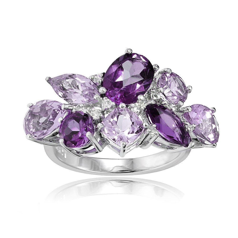 Ice Gems Sterling Silver Genuine African Amethyst, Amethyst, and White Topaz Cluster Tonal Ring