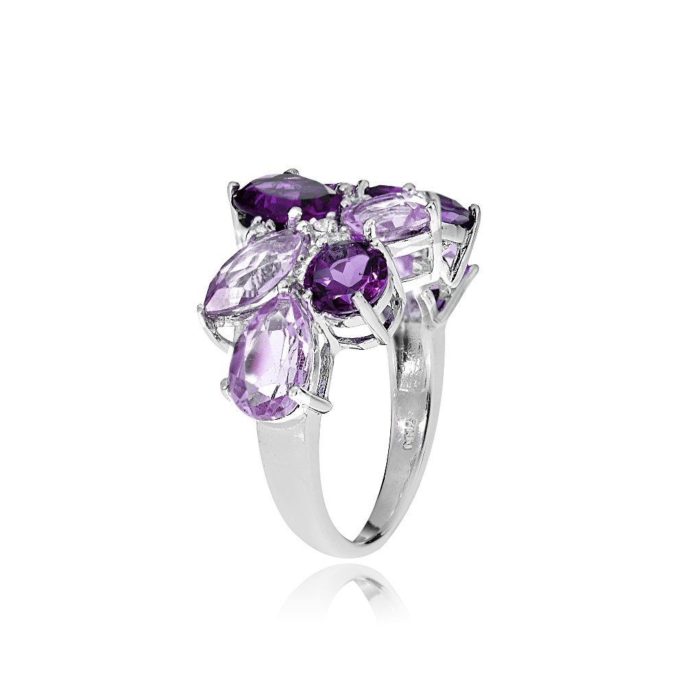 Ice Gems Sterling Silver Genuine African Amethyst, Amethyst, and White Topaz Cluster Tonal Ring