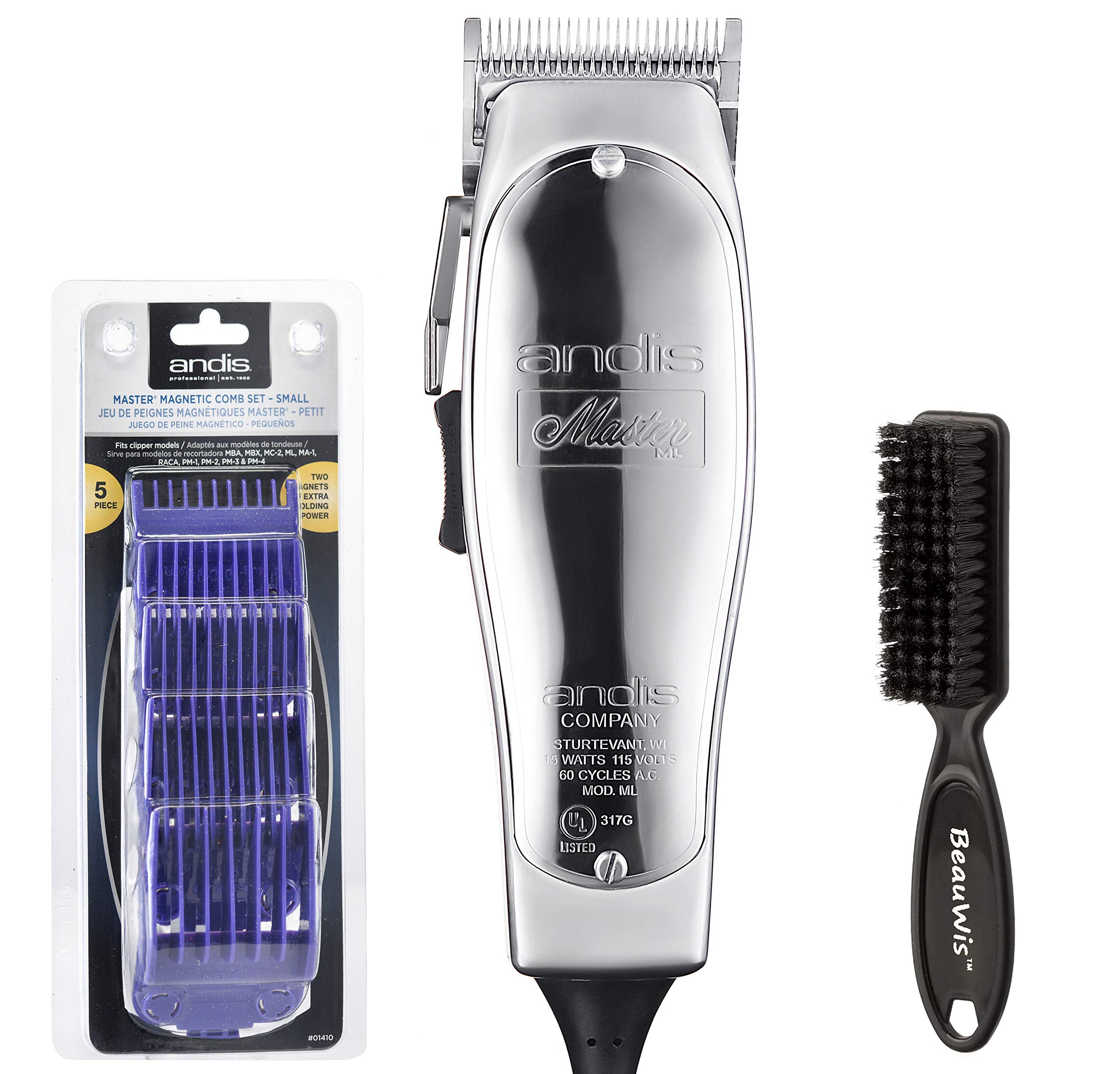 Andis Master Hair Adjustable Blade Clipper, with a Andis Master Dual Magnet 5-Comb Set with a BeauWis Blade Brush