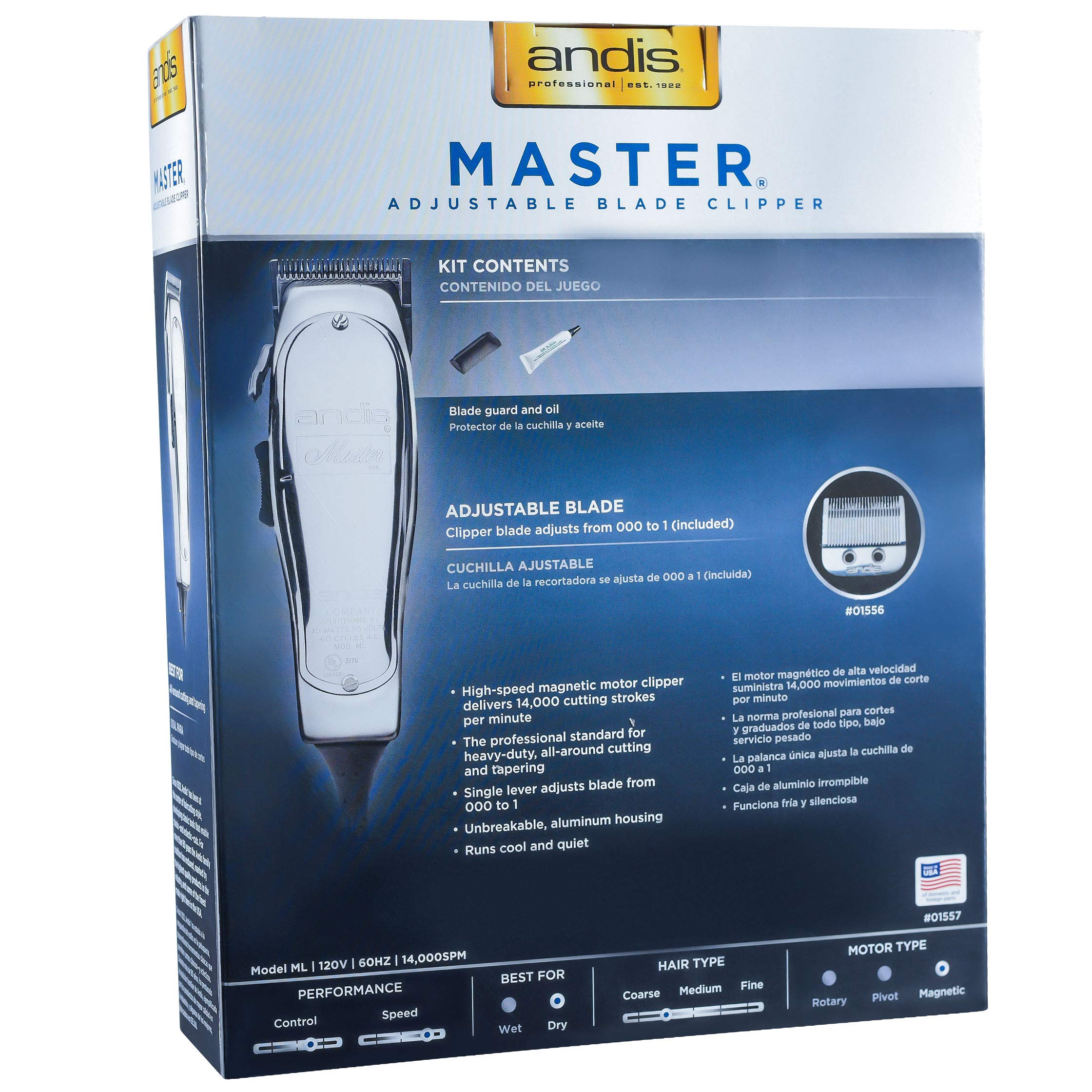 Andis Master Hair Adjustable Blade Clipper, with a Andis Master Dual Magnet 5-Comb Set with a BeauWis Blade Brush